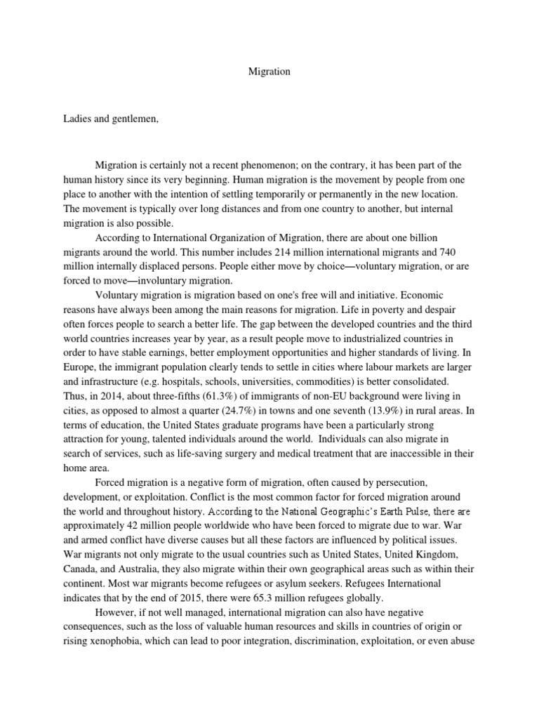 Essay On Migration | PDF | Immigration | Human Migration
