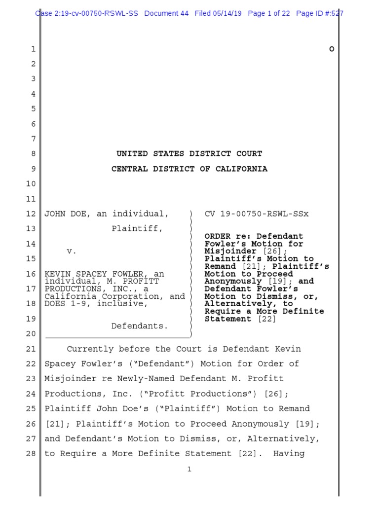 Doe V Spacey Order | PDF | Diversity Jurisdiction | Complaint