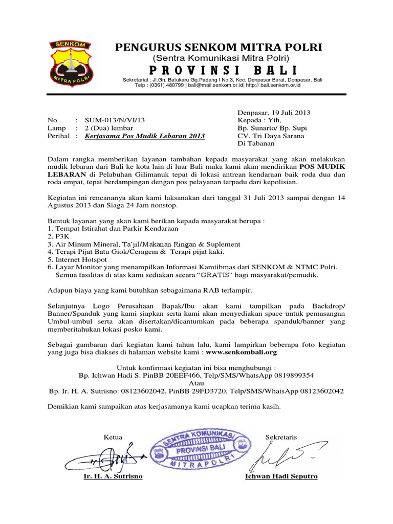 Proposal Posko Mudik 2013 Prov Bali | PDF