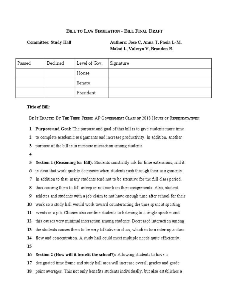 Study Hall - Bill To Law Simulation - Bill Final Draft | PDF ...