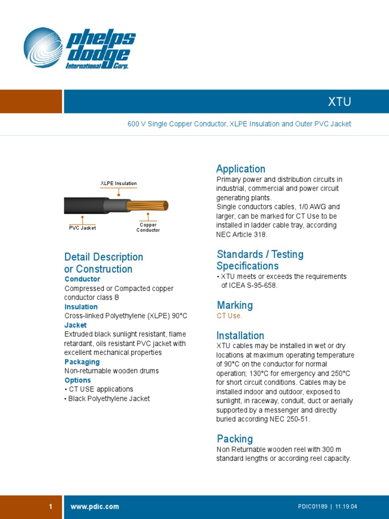 Hoja de Datos Cable Xtu 1C (Xlpe) | PDF | Electrical Conductor ...