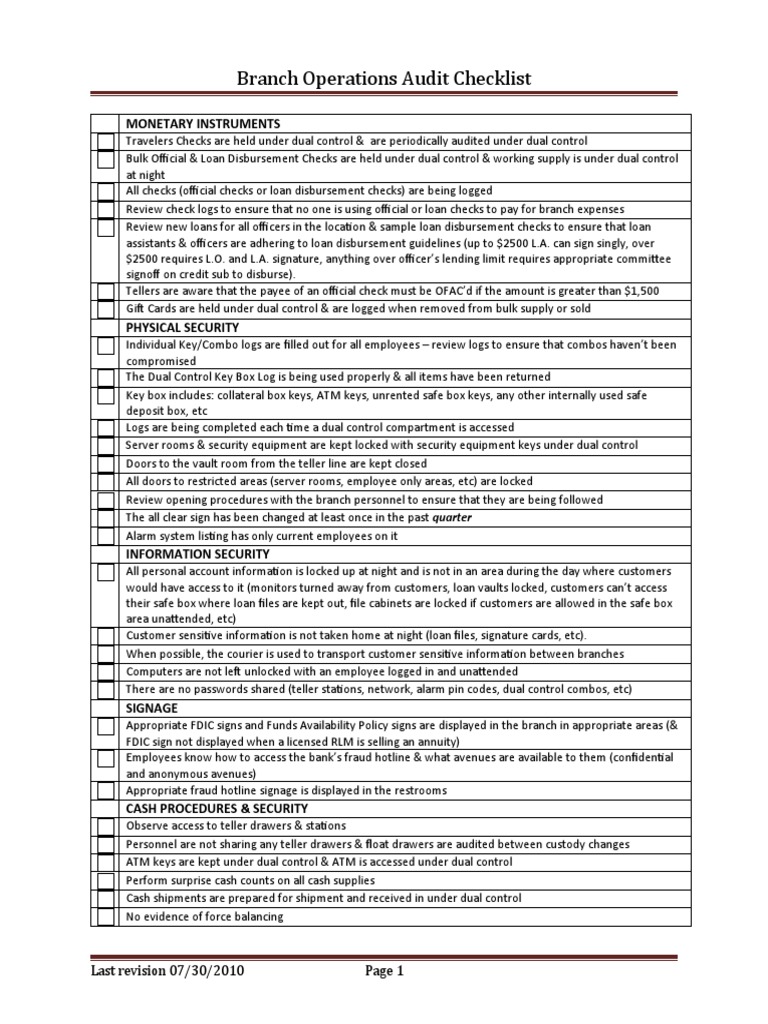 2 Branch Operations Audit Checklist | PDF | Automated Teller Machine ...