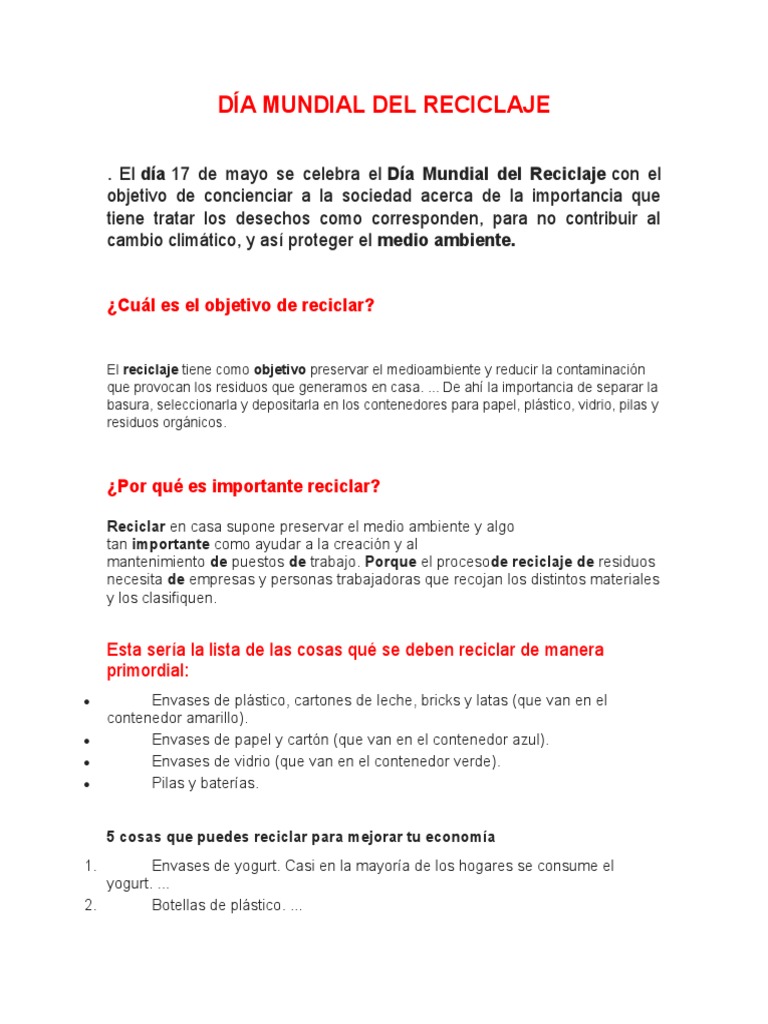 Día Mundial Del Reciclaje 2019 | PDF | Reciclaje | Residuos