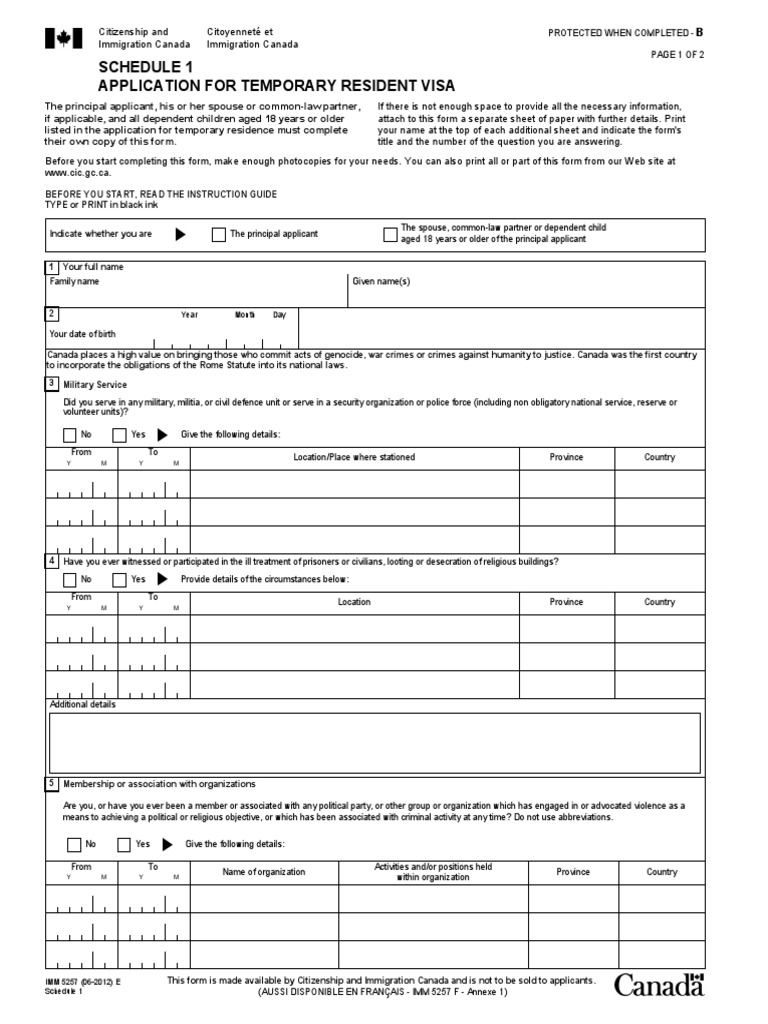 IMM 5257E Schedule 1 - Application For A Temporary Resident Visa Made ...