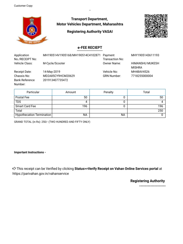 Motorcycle Registration Fee Receipt | PDF
