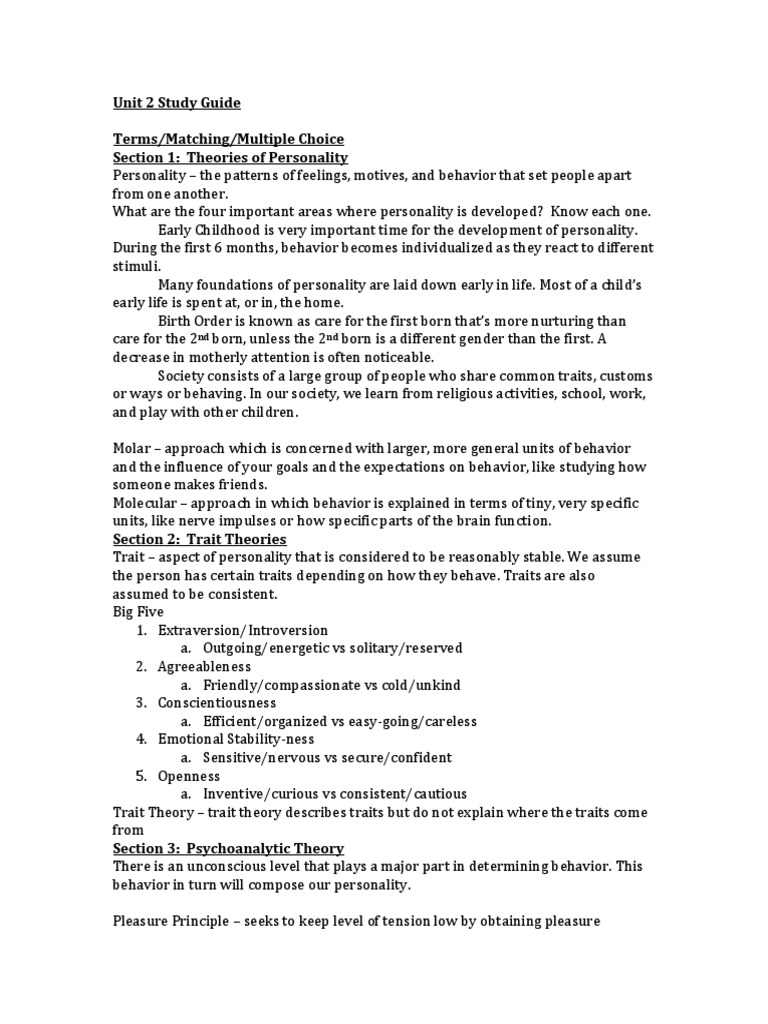 Unit 2 Study Guide Terms/Matching/Multiple Choice Section 1: Theories ...