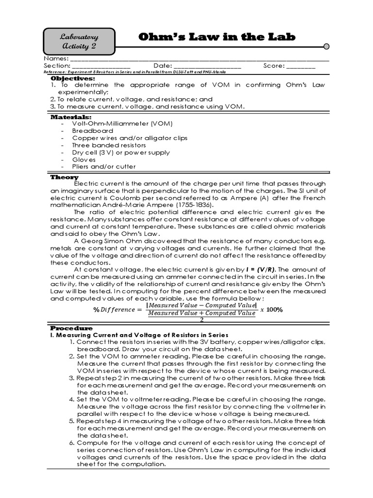 Ohm's Law in The Lab: Laboratory Activity 2 | PDF | Electrical ...