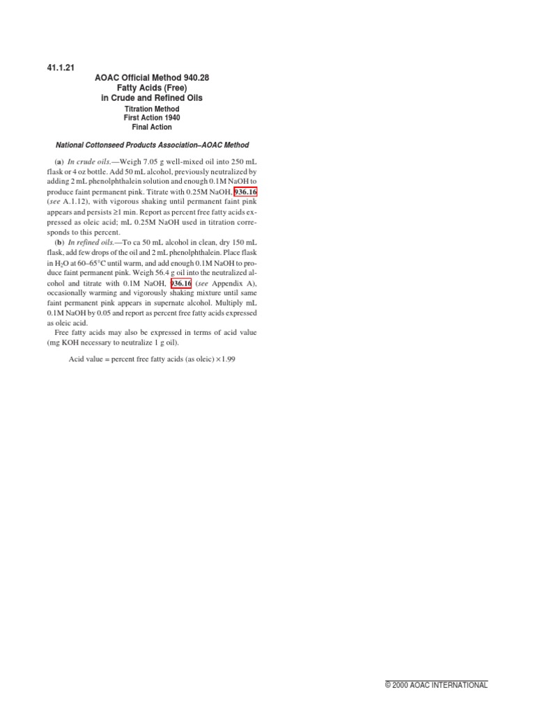 AOAC Official Method 940.28 Fatty Acids (Free) in Crude and Refined ...