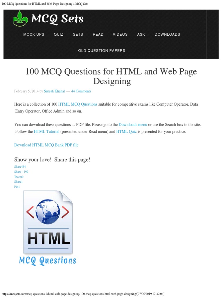 100 MCQ Questions For HTML and Web Page Designing MCQ Sets | PDF | Html ...