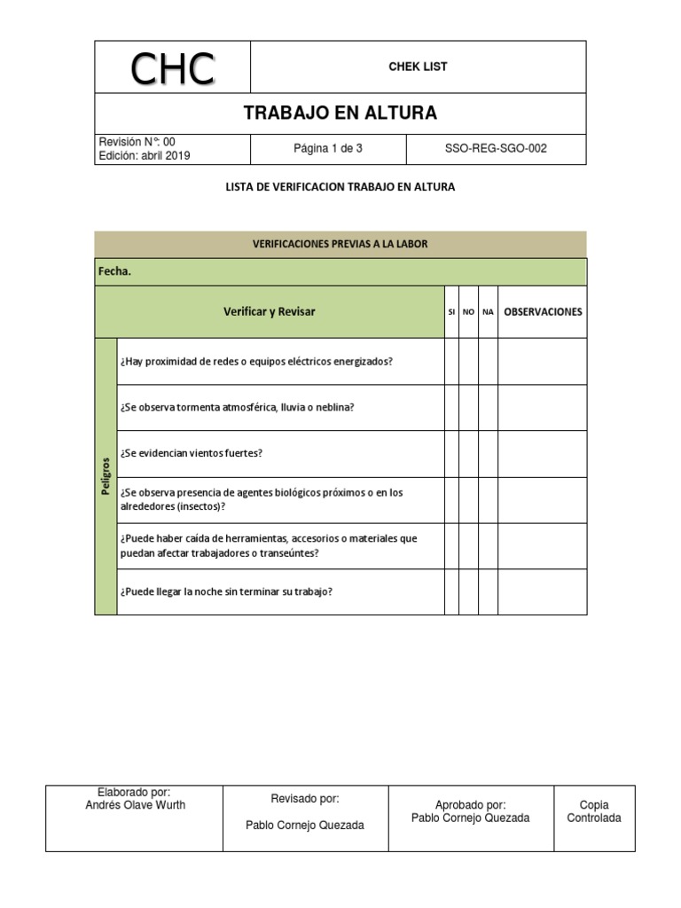 Check List de Verificacion Trabajo en Altura | Naturaleza