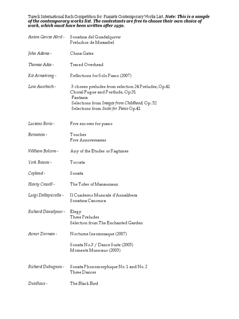 Contemporary Work Repertoire Edited 11-17-17 | PDF | Classical Music ...