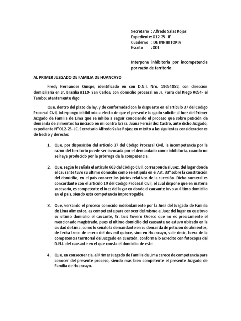 Modelo Inhibitoria | PDF | Demanda judicial | Ley procesal