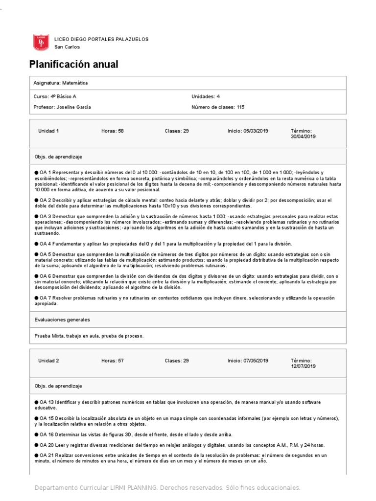 Planificacion Anual De Matematica Pdf División Matemáticas 0169