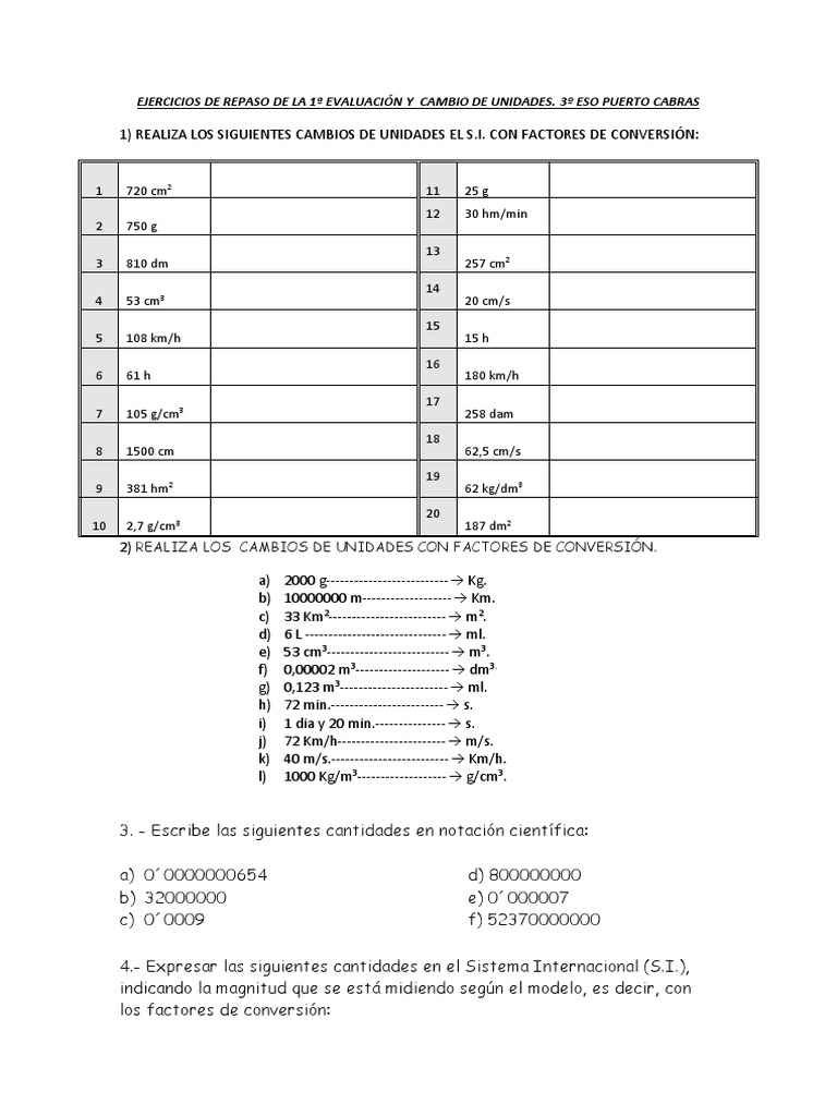 EJERCICIOS DE REPASO DE LA 1a EVALUACIoN Y CAMBIO DE UNIDADES | PDF ...