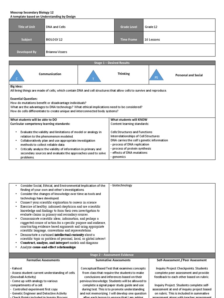 Biology 12 Unit Plan Assessments and First Three Lesson Plans | PDF ...