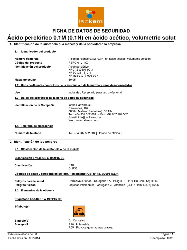 Acido Perclorico en Acido Acetico 0.1n | PDF | Quemar | Agua