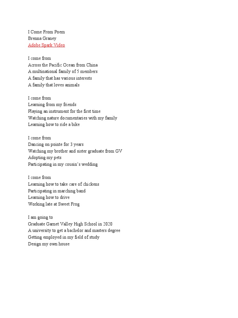 I Come From Poem | PDF | Family | Society