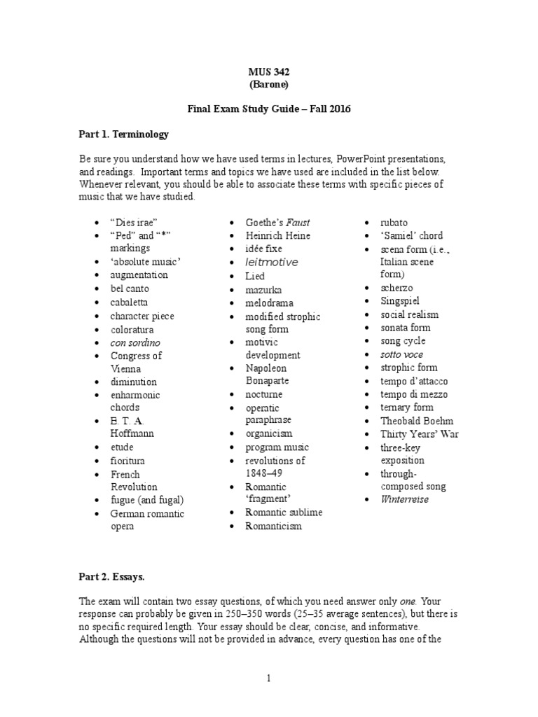 MUS 342 (Barone) Final Exam Study Guide - Fall 2016 Part 1. Terminology | PDF | Robert Schumann ...