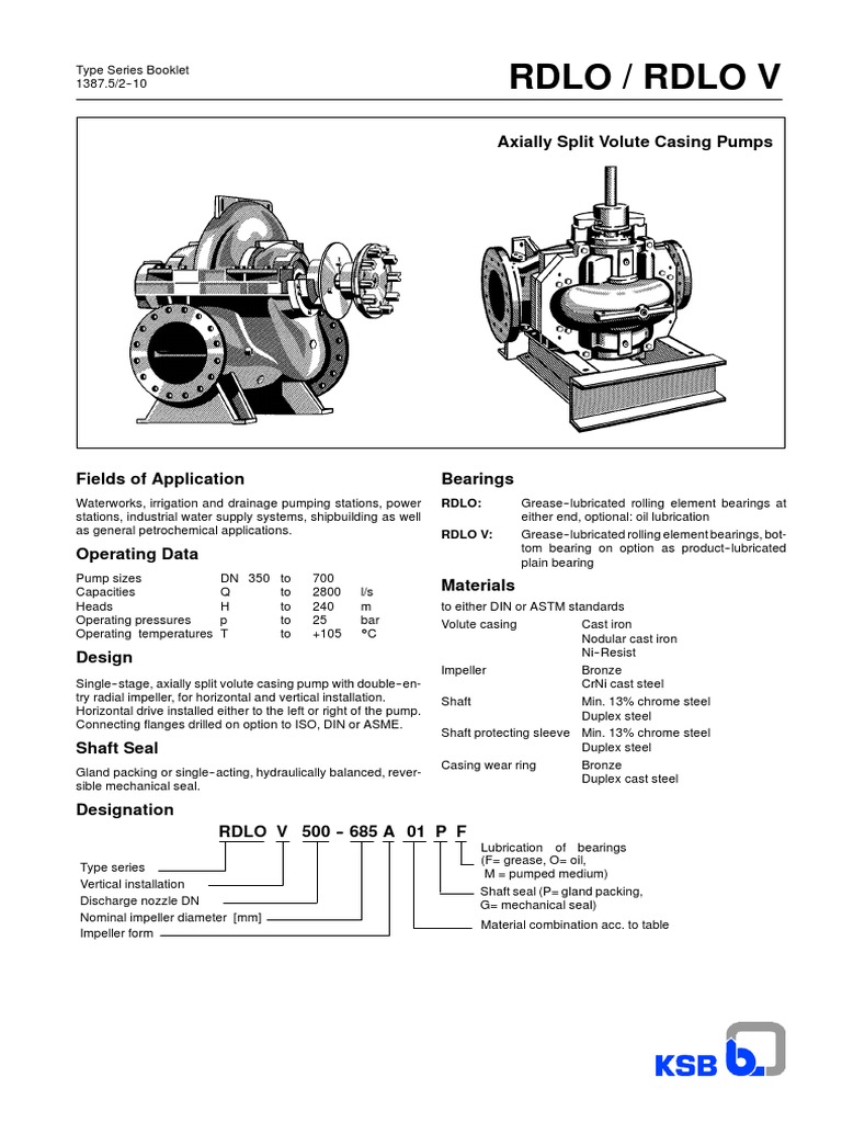 Rdlo / Rdlo V: Axially Split Volute Casing Pumps | PDF | Bearing ...