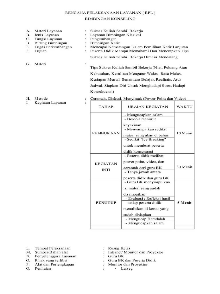 Rencana Pelaksanaan Layanan RPL Bimbingan Konseling | PDF