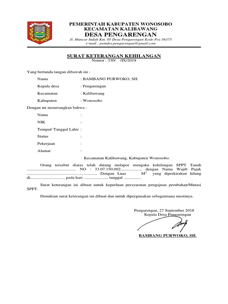 Surat Keterangan Kehilangan SPPT | PDF