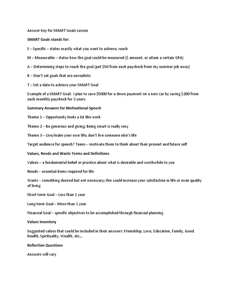 SMART Goals Answer Key and Examples | PDF | Goal | Action (Philosophy)