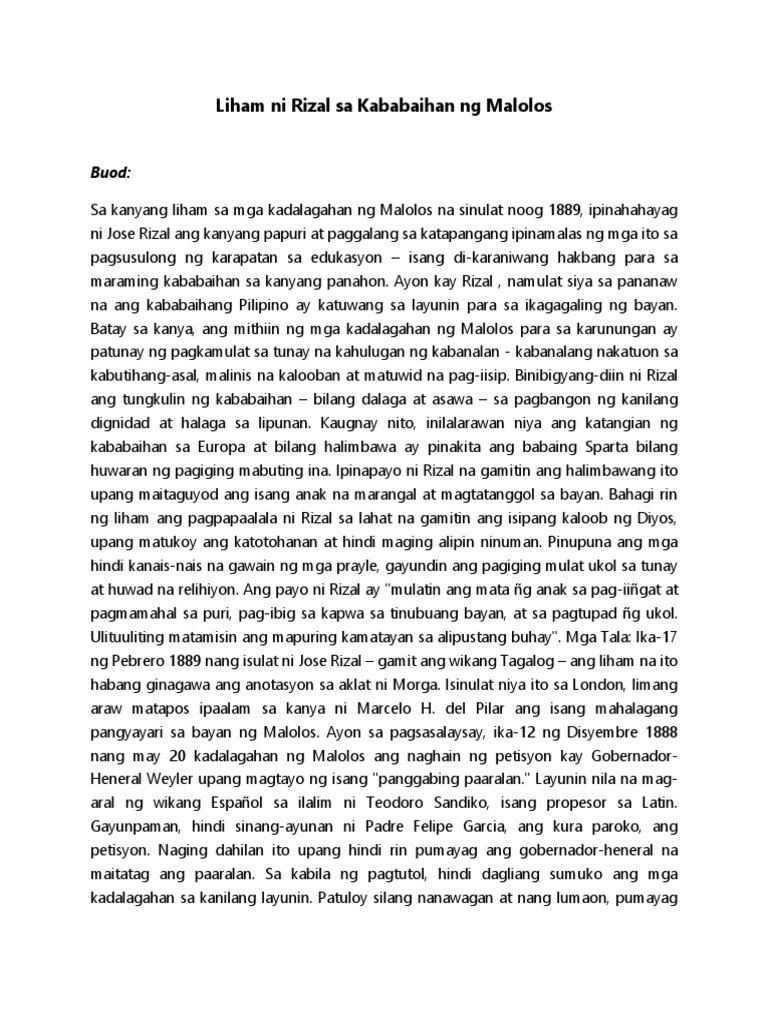 Liham Ni Rizal Sa Kababaihan NG Malolos: Buod | PDF