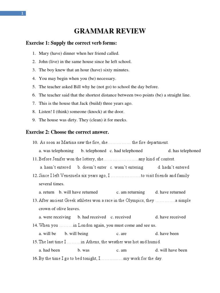 Grammar Review: Exercise 1: Supply The Correct Verb Forms | PDF