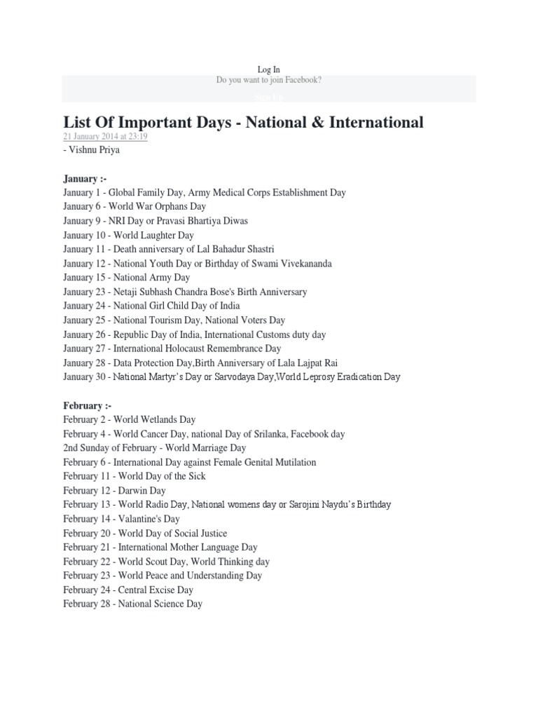 List of Important Days - National & International: January | PDF ...