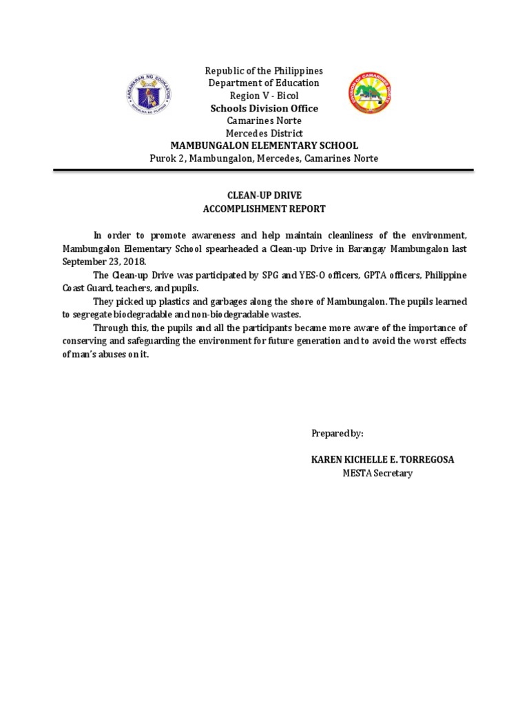 Mambungalon Elementary Clean-Up Report | PDF | Waste Management ...