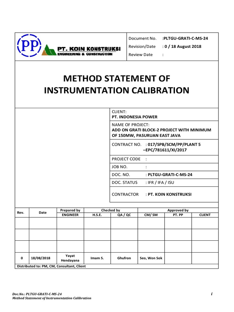 Method Statement Of Instrumentation Calibration Pdf Pressure