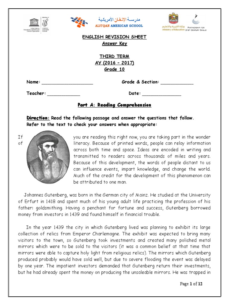 Grade 10 Rev. Sheet Ans. Key | PDF | Johannes Gutenberg | Printing Press