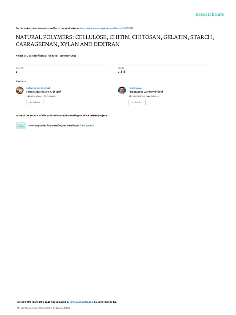 Natural Polymers Cellulose Chitin Chitosan Gelatin | PDF | Cellulose | Polysaccharide