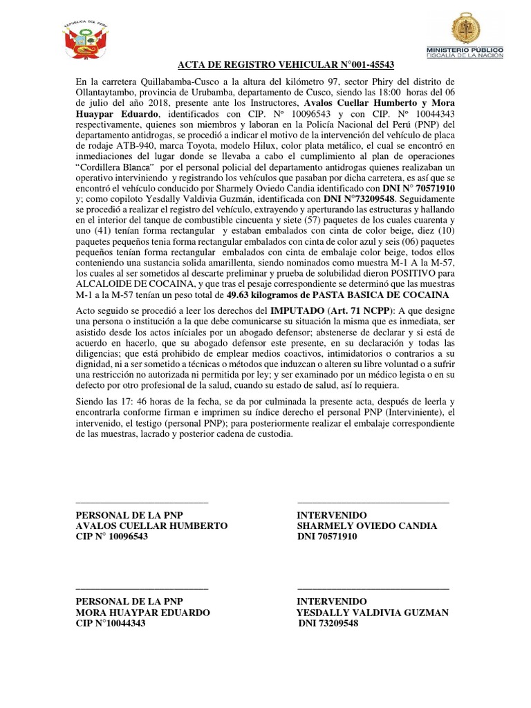 Acta de Registro Vehicular | PDF