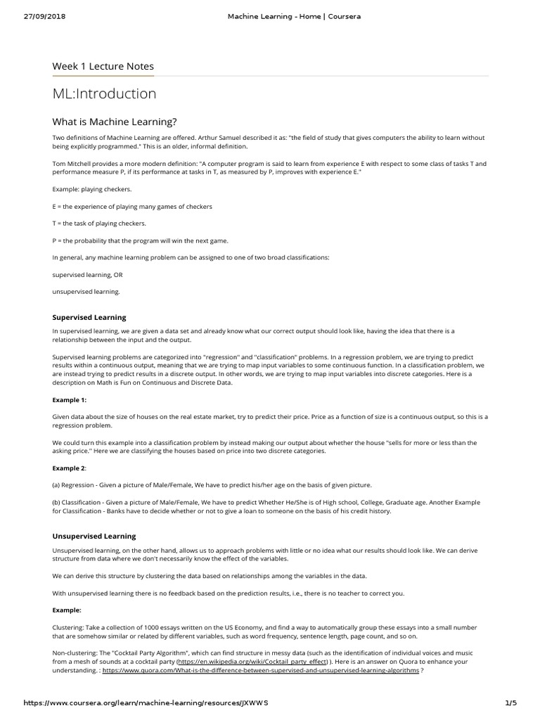 ML:Introduction: Week 1 Lecture Notes | PDF | Matrix (Mathematics ...