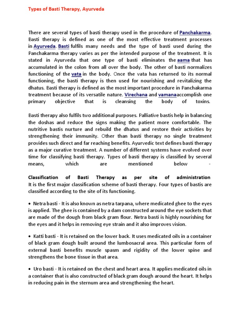 Types of Basti Therapy, Ayurveda | PDF | Ayurveda | Medical Specialties