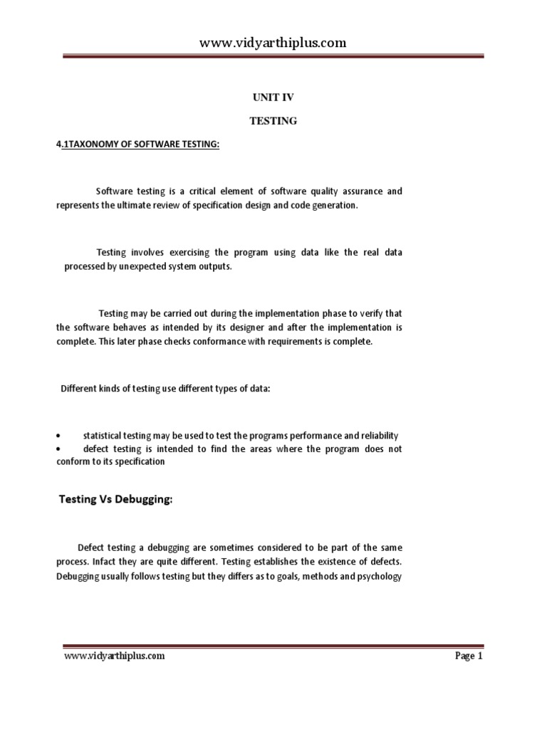 Unit Iv Testing 4 1taxonomy Of Software Testing Pdf Software