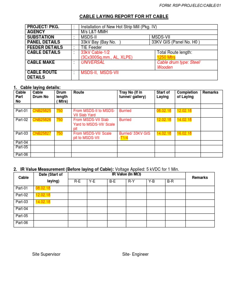 RSP-PROJ - ELEC - CABLE - 01 - Cable Laying Report | PDF