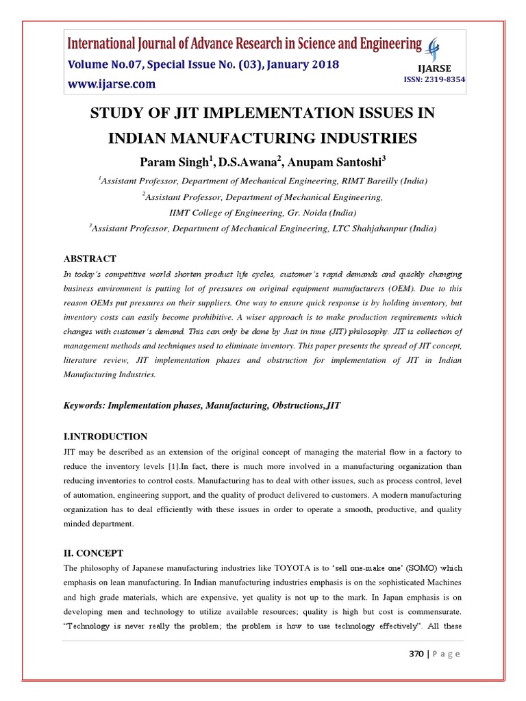 Study of Jit Implementation Issues in Indian Manufacturing Industries ...
