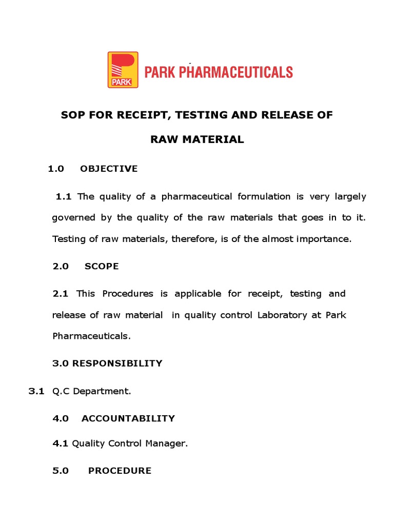 Sop For Receipt, Testing And Release Of Raw Material: 1.0 Objective ...