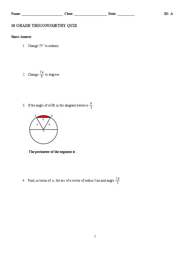 10 Grade Trigonometry Quiz | PDF | Sine | Trigonometry