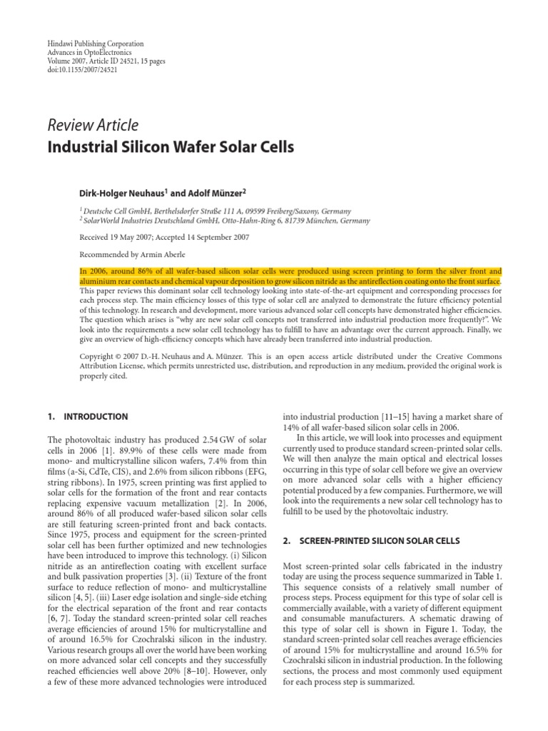 Industrial Silicon Wafer Solar Cell | PDF | Solar Cell | Chemical Vapor ...