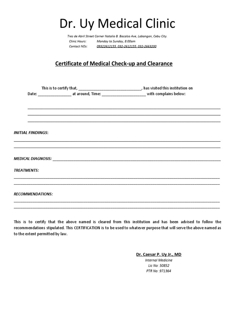 Dr. Uy Medical Clinic: Certificate of Medical Check-Up and Clearance | PDF