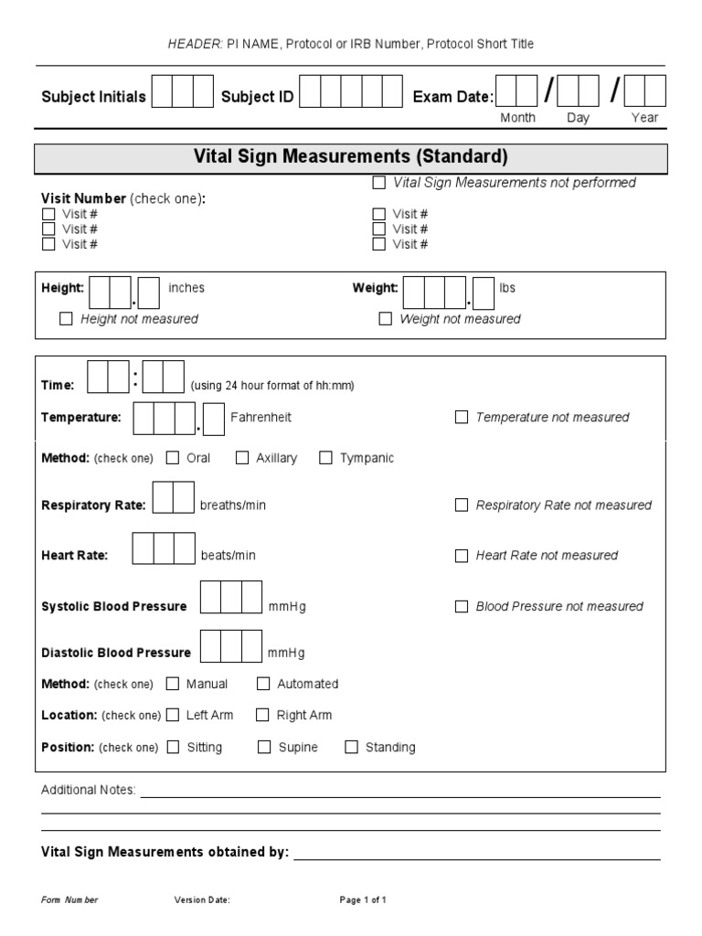 Vital Sign Measurements (Standard) : Subject Initials Subject ID Exam ...