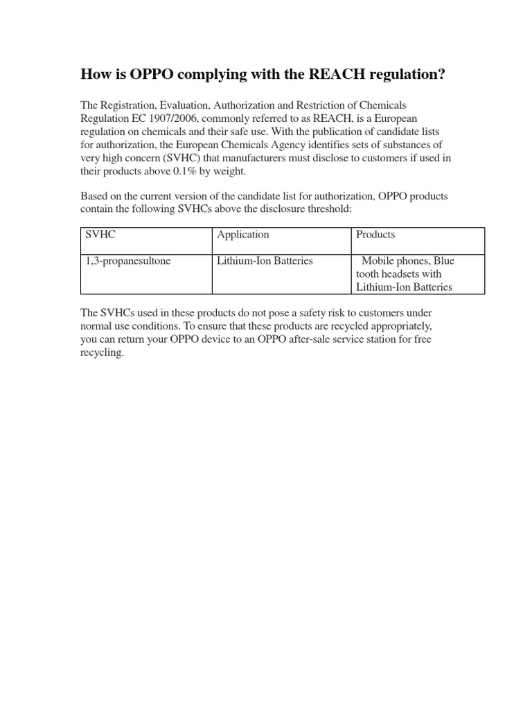 How Is OPPO Complying With The REACH Regulation? | PDF