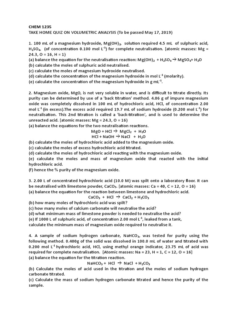CHEM 1235 Volumetric Quiz | PDF | Titration | Chemistry