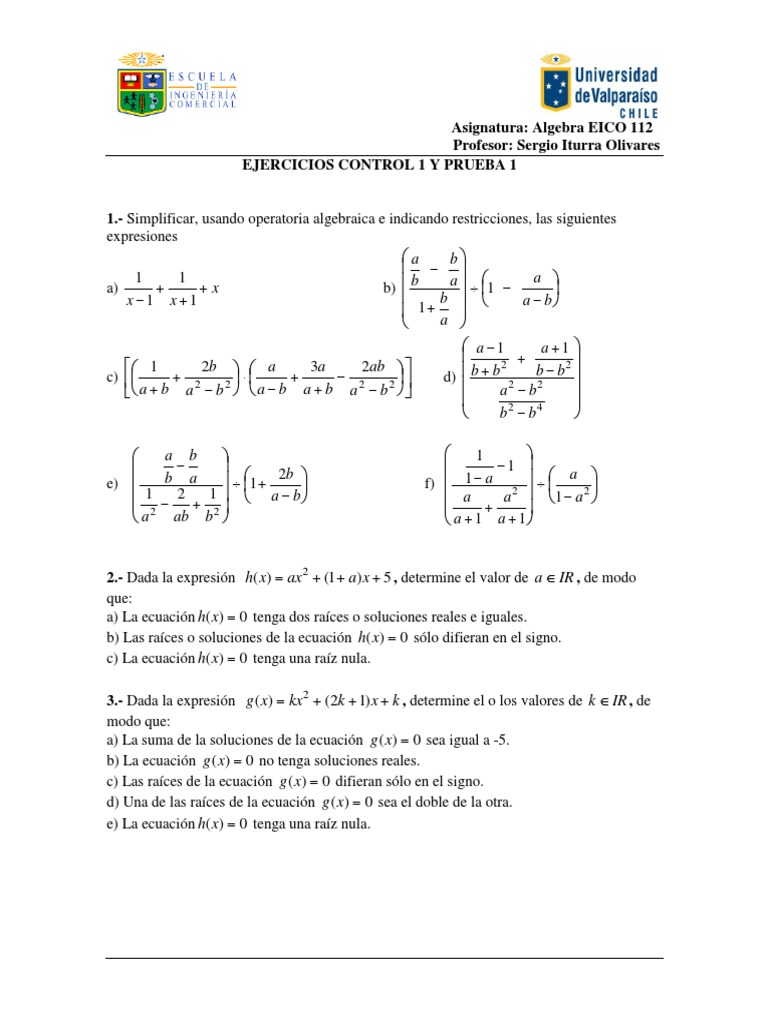 Ejercicios de Álgebra EICO 112 | PDF | Ecuaciones | Álgebra