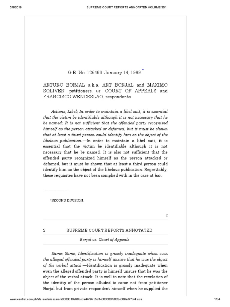 G.R. No. 126466. January 14, 1999. Arturo Borjal A.K.A. Art Borjal And ...