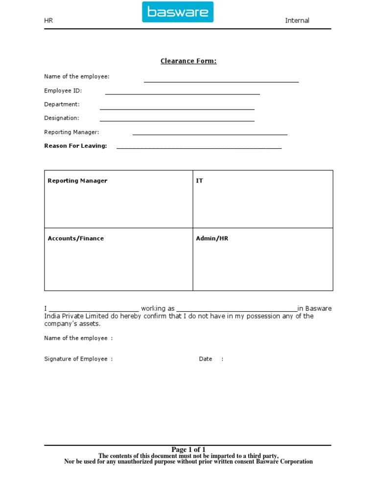 Clearance Form:: Name of The Employee: Employee ID: Department ...