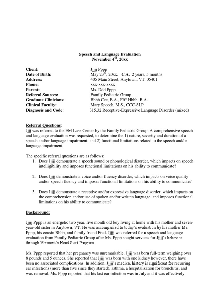 EXAMPLEPreschool Speech-Language Assessment | PDF | Ear | Speech